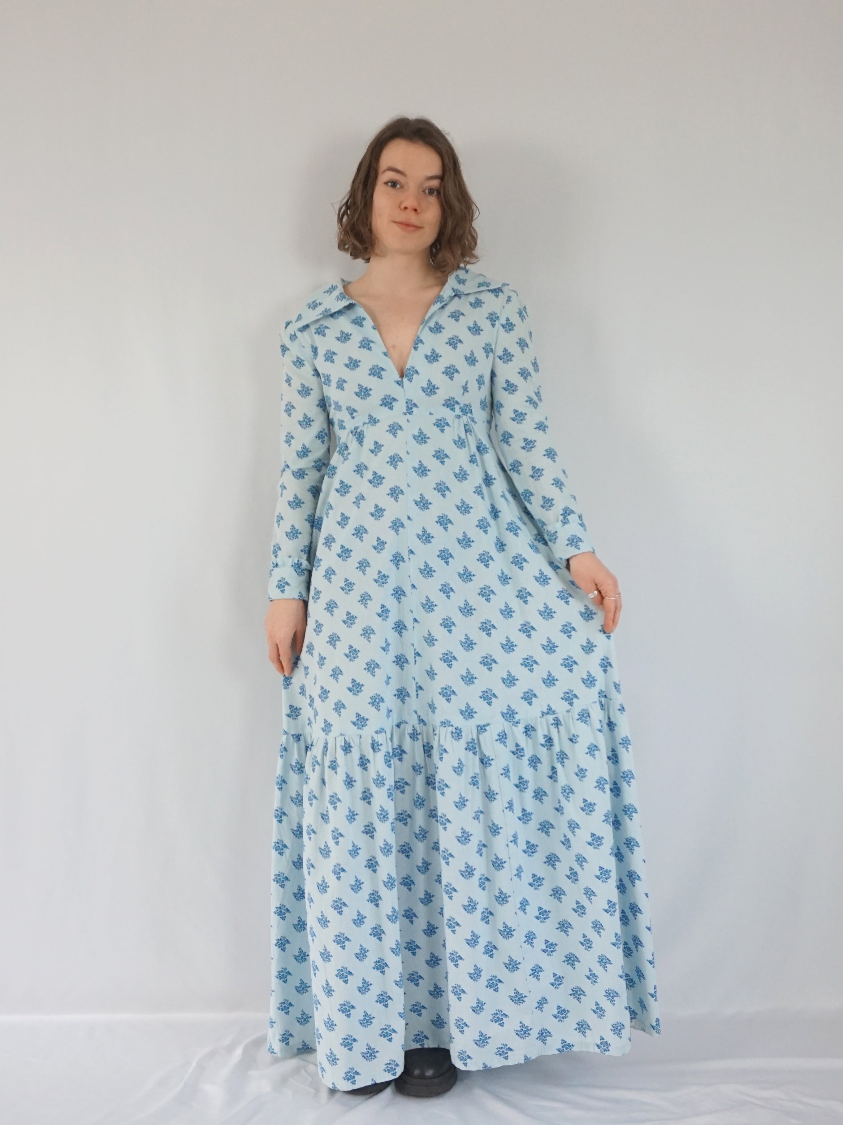 Vintage 70s Blue Floral Cotton Dress - S | Reloved Studio
