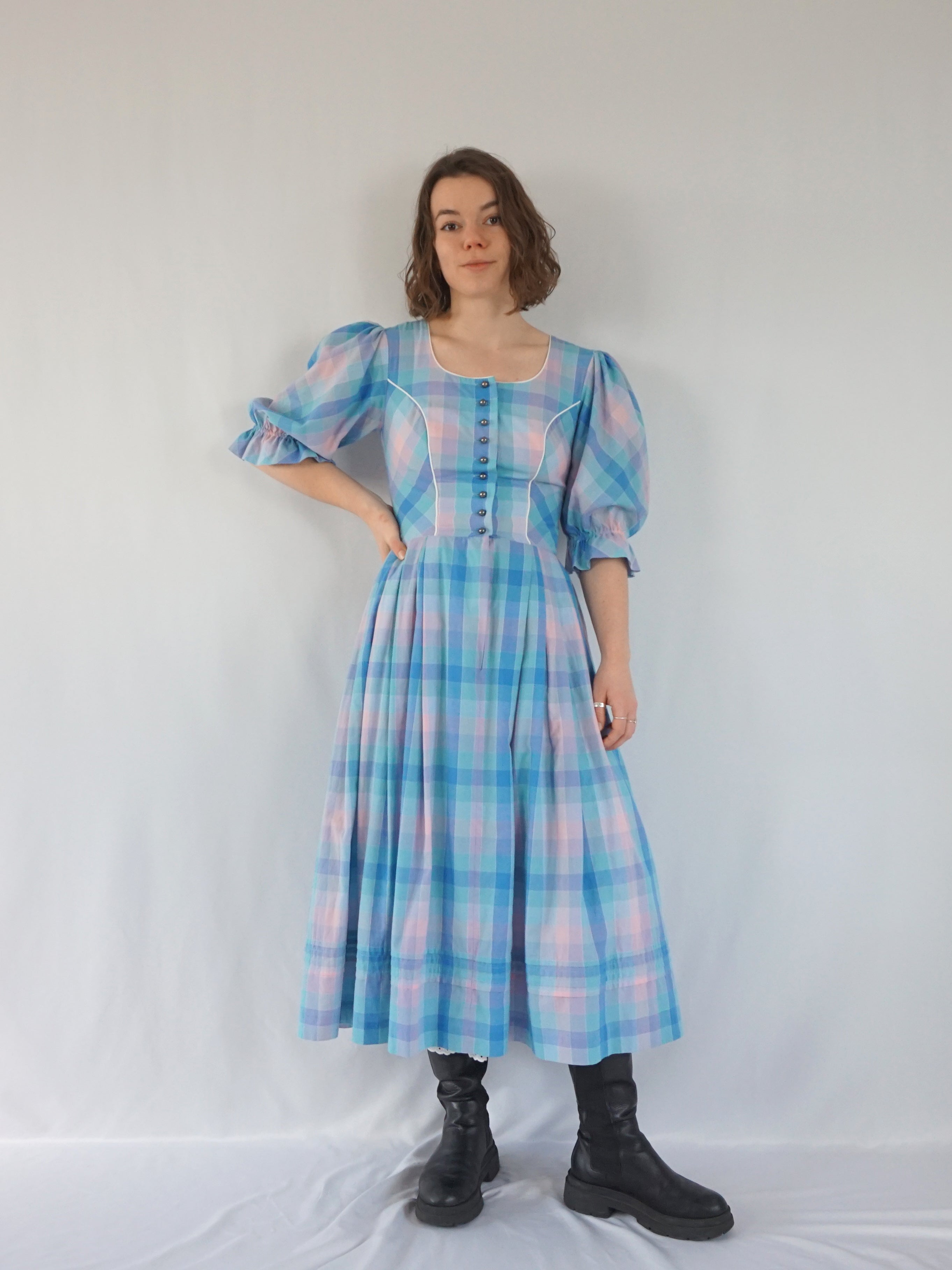 Vintage 80s Blue & Pink Checkered Dirndl Dress - S | Reloved Studio
