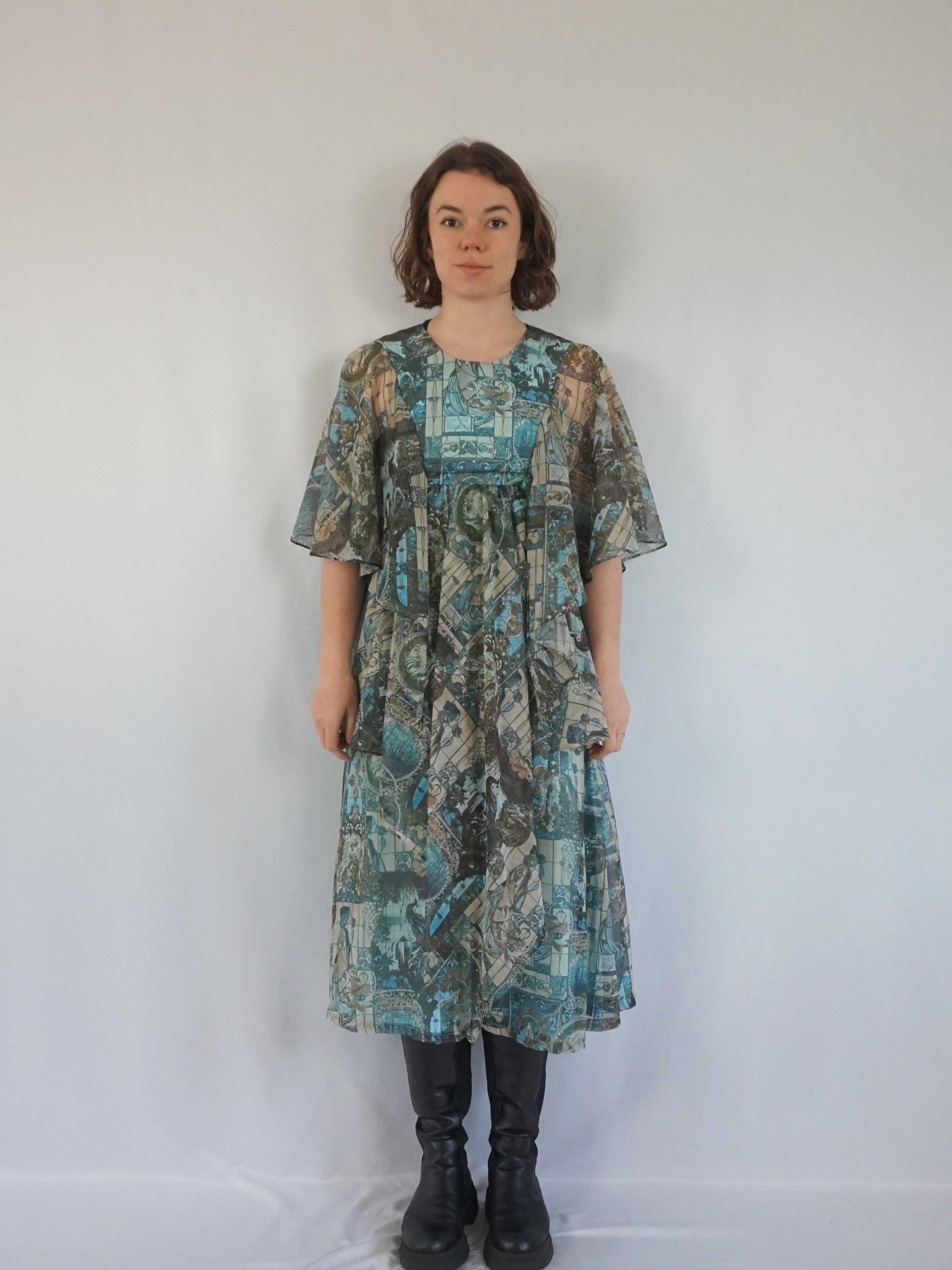 Vintage 70s Renaissance Print Layered Dress - S | Reloved Studio
