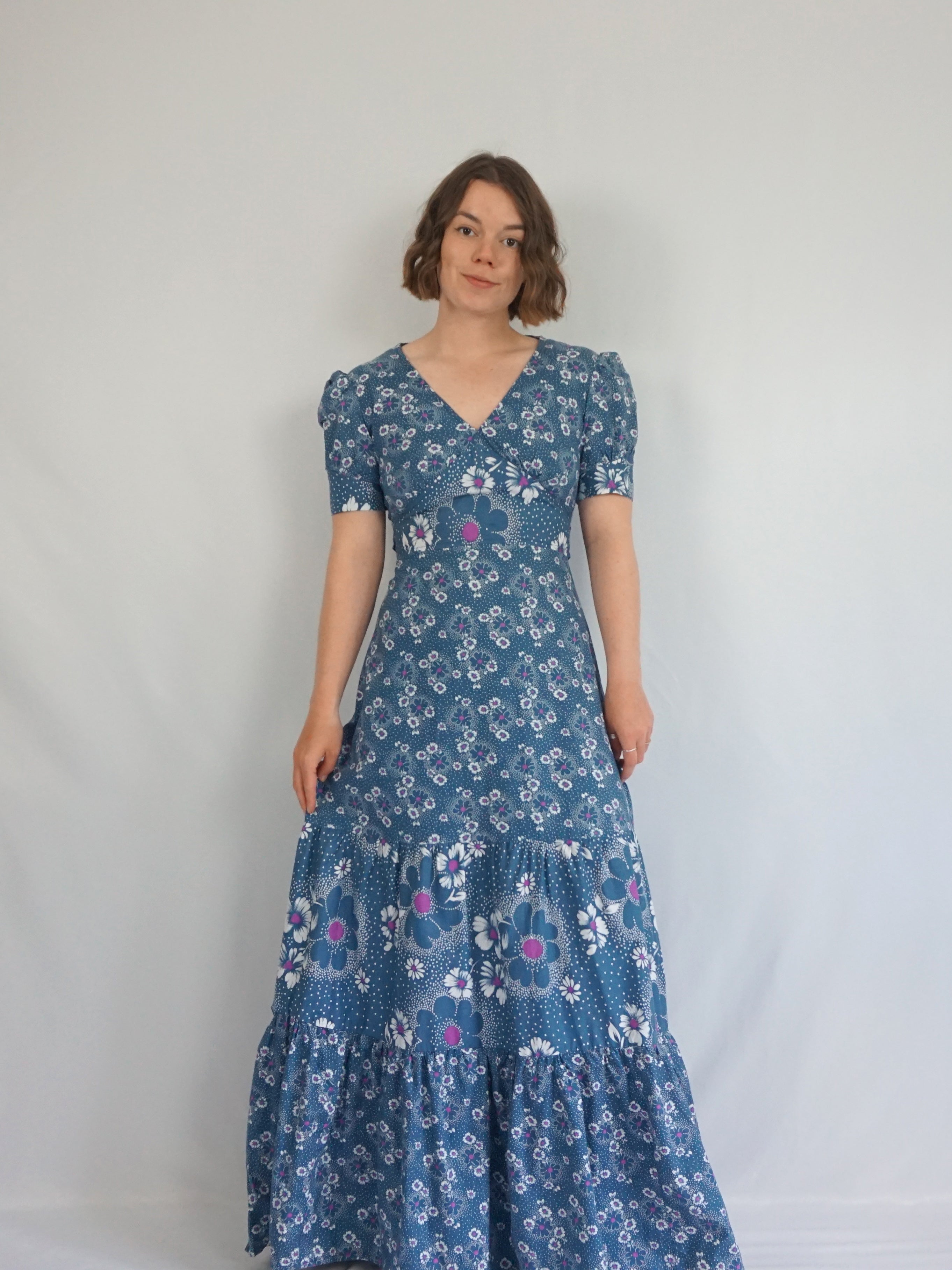 Vintage 70s Blue Floral Tiered Maxi Dress - S | Reloved Studio