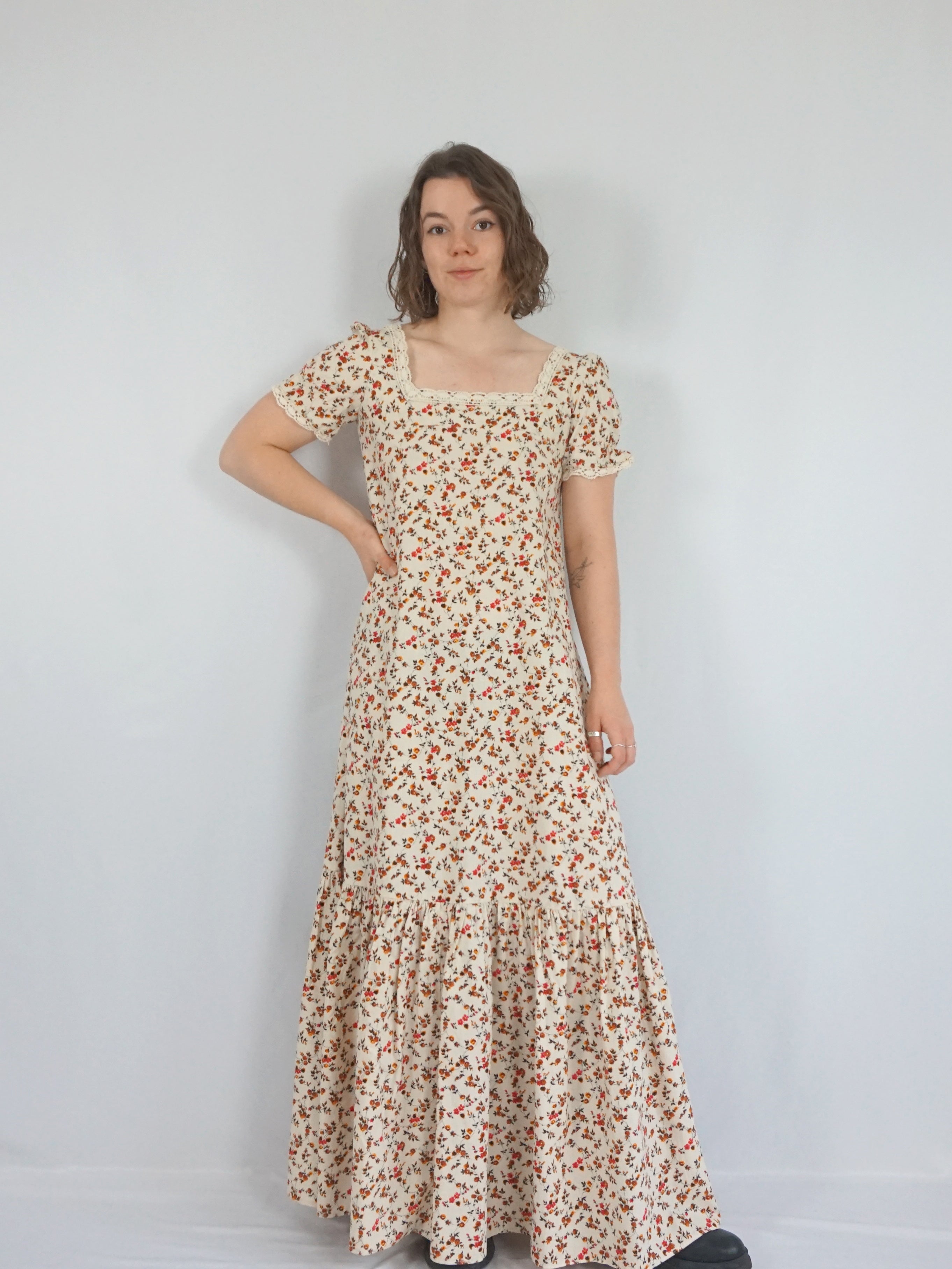 Vintage 70s Ditsy Floral Tiered Maxi Dress - S | Reloved Studio