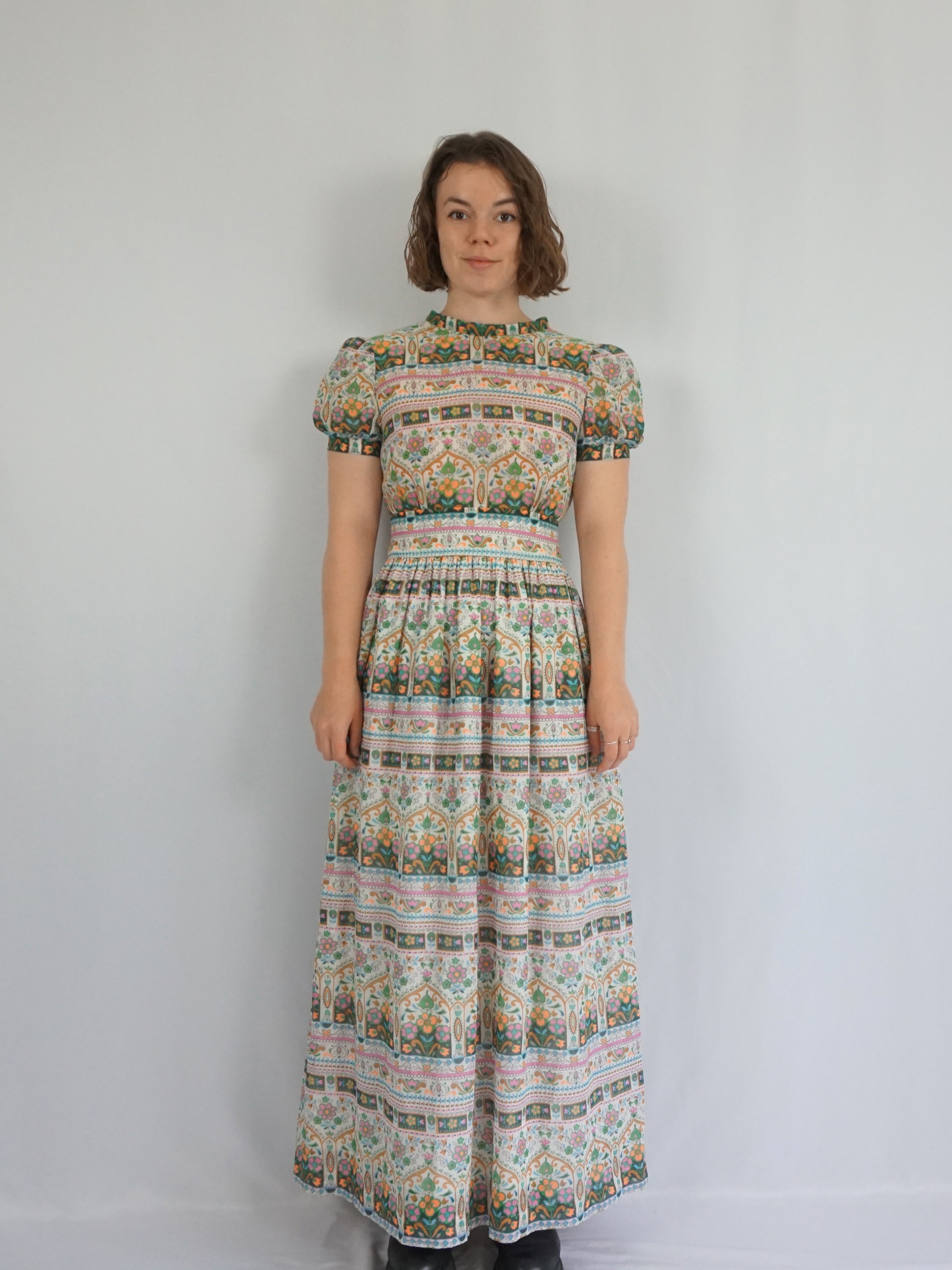 Vintage 70s English Lady Colourful Floral Maxi Dress - S | Reloved Studio