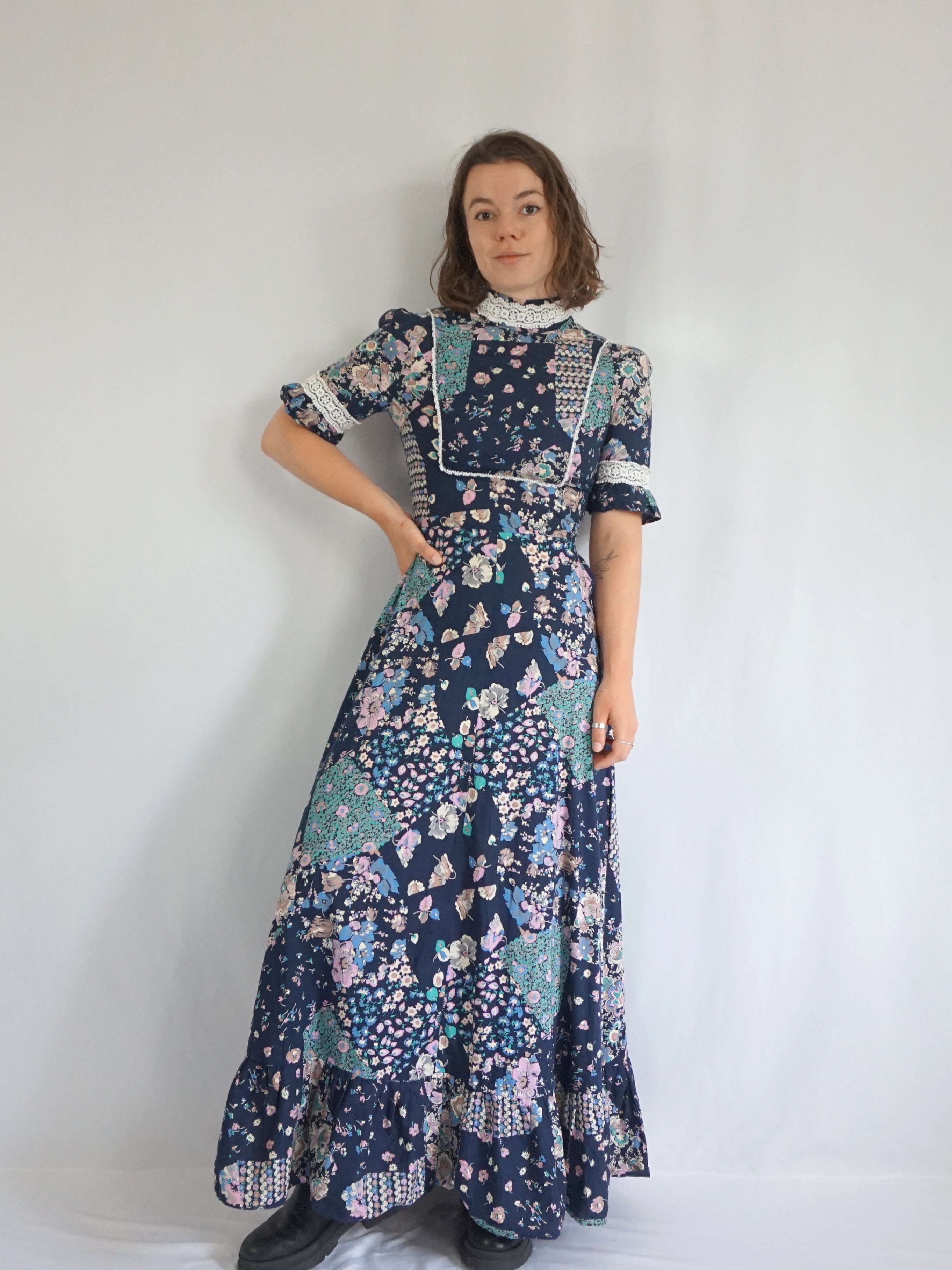 Vintage 70s Floral Patchwork Cotton Dress - S | Reloved Studio