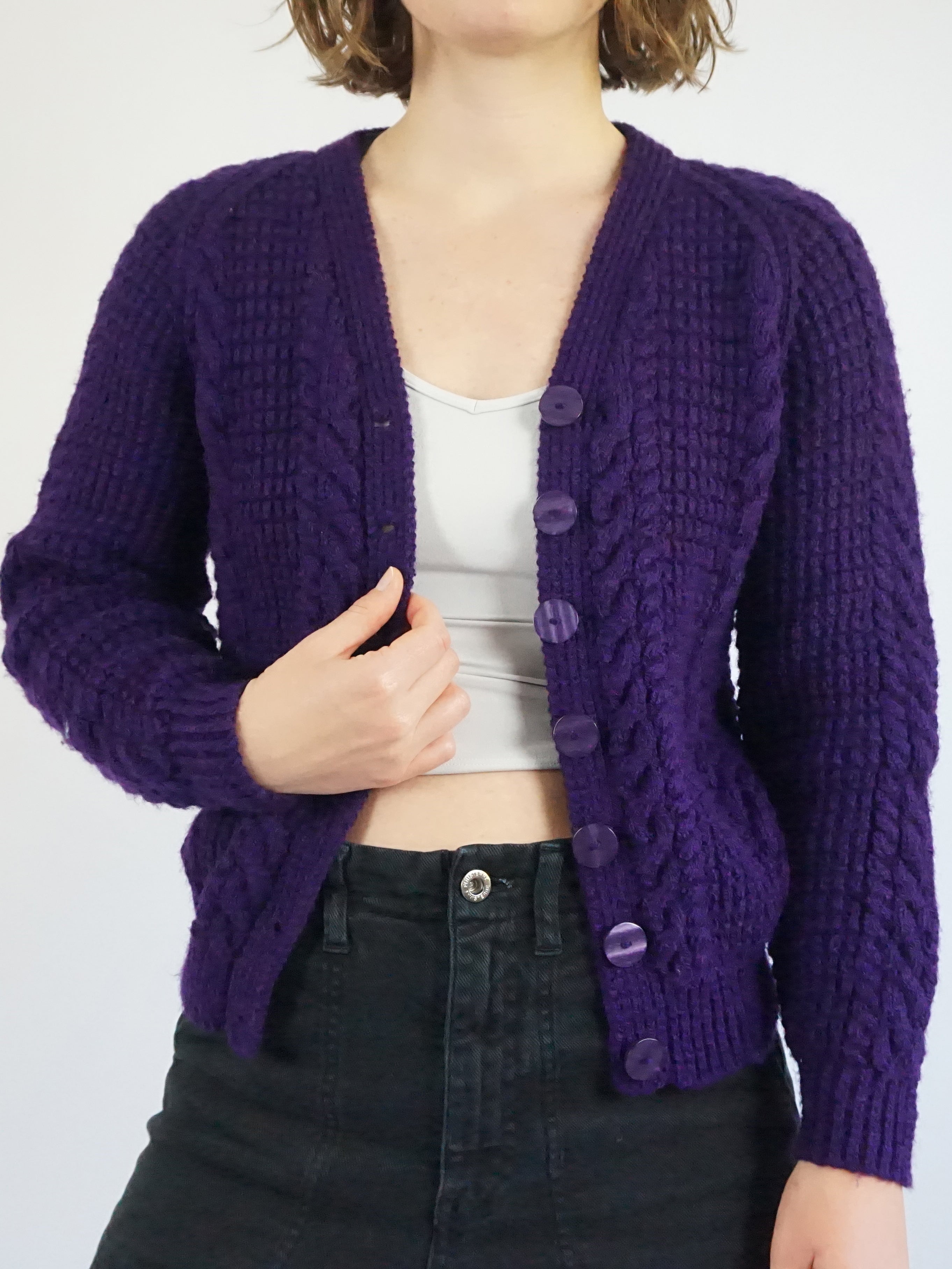 Vintage 90s Purple Cable Knit Cardigan - S | Reloved Studio
