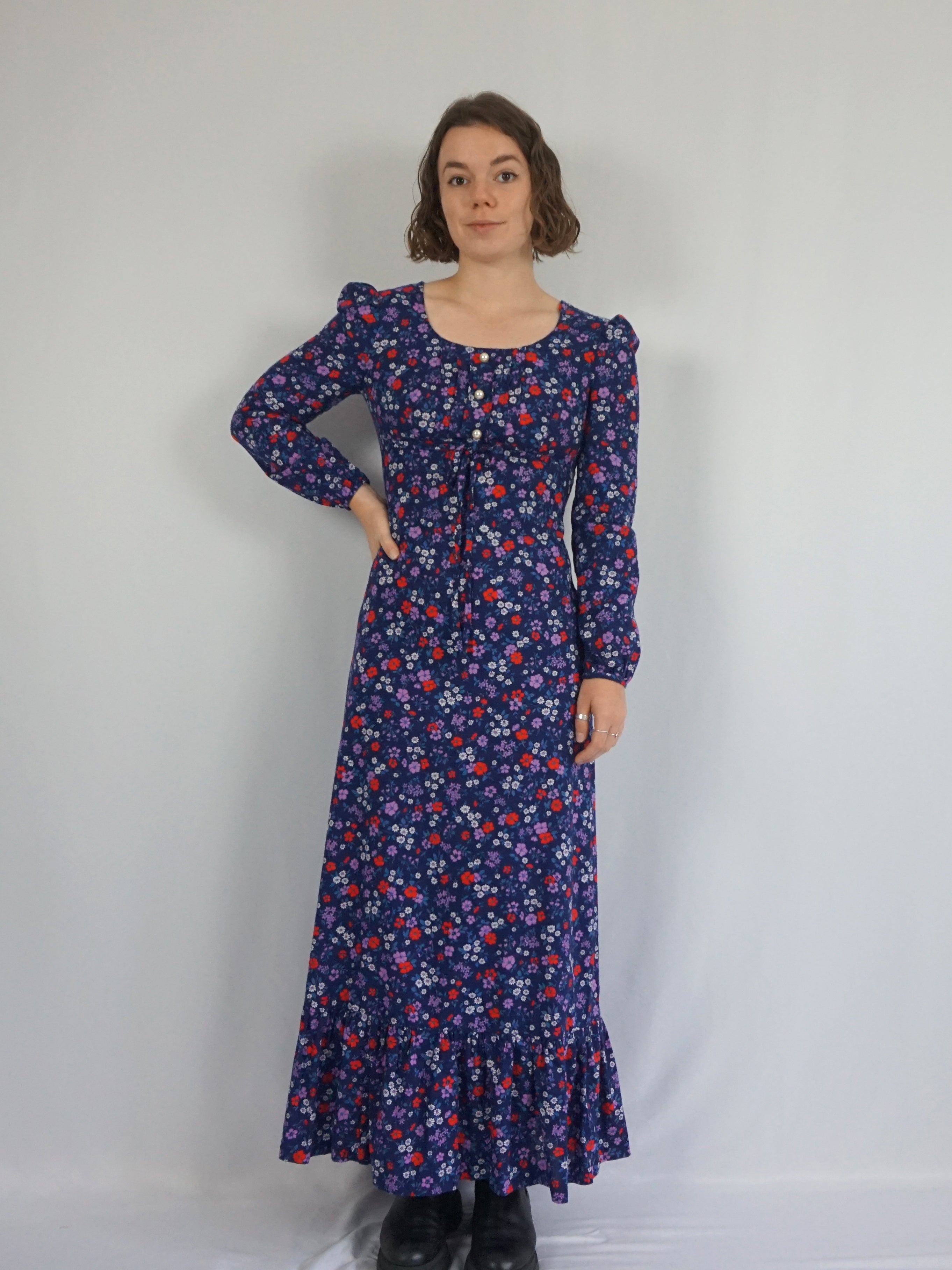 Vintage 1970s Navy Ditsy Floral Cotton Dress - S | Reloved Studio