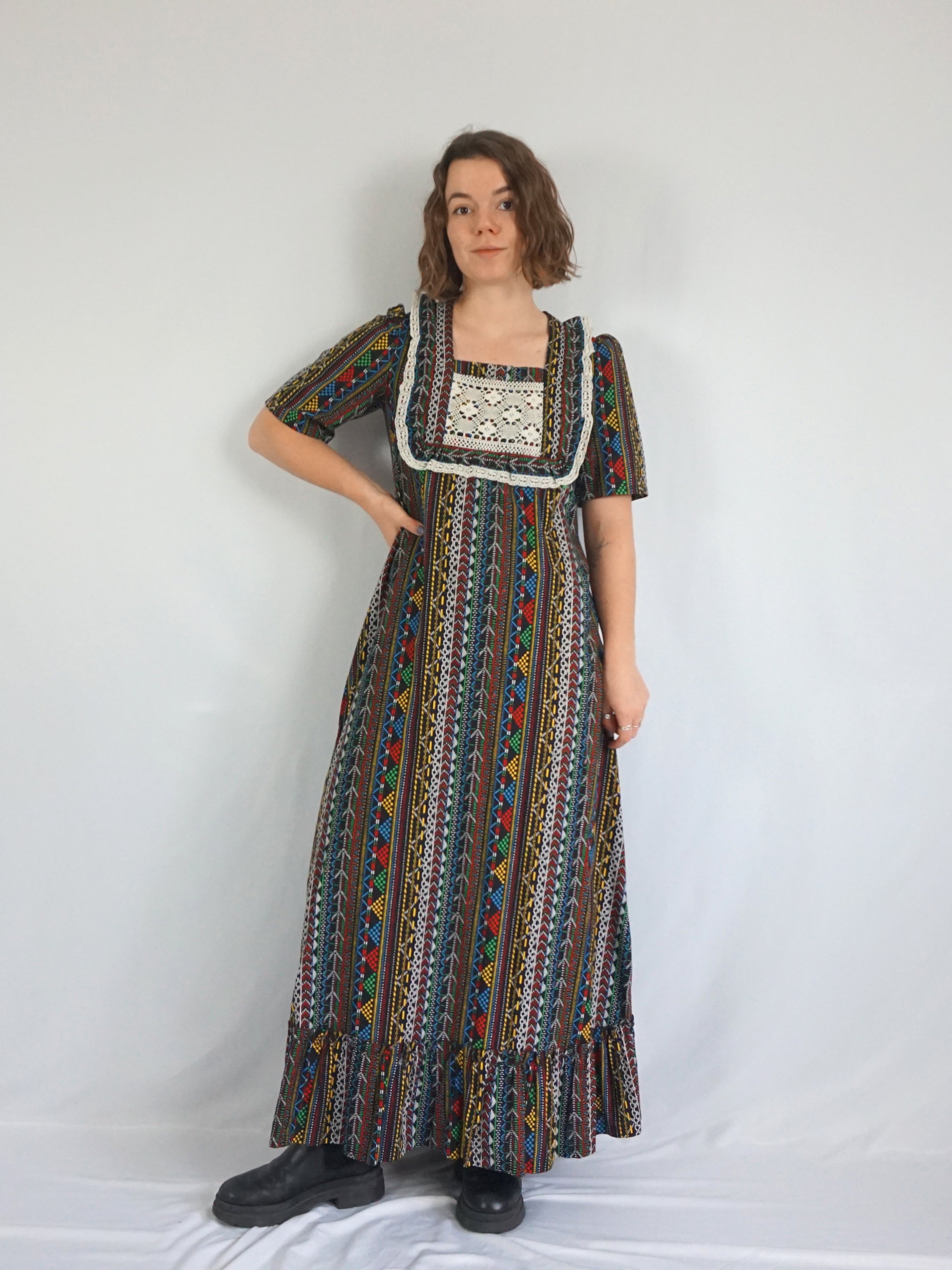 Vintage 1970s Funky Patterned Prairie Dress - S | Reloved Studio